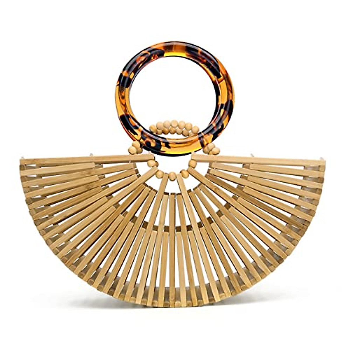 summer beach holiday bamboo woven bag retro portable straw woven bag Tote Bamboo Handbag Bown straw bag Acrylic rattan bag drawstring beach bags for summer (X-Small(10.23"x11"x3.2")),Natural)