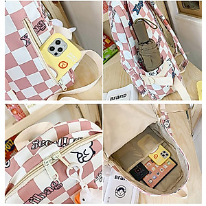 KOWVOWZ Kawaii Checkerboard Bear Backpack Girl Women Teen with Duck Pendant Cute College High School Backpack Laptop Bookbag (Black)