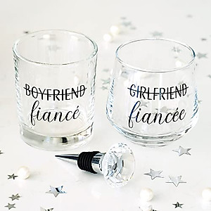 Newlywoo Engagement Gifts for Couples - Boyfriend Girlfriend Wine and Whiskey Glass Fiance Gifts for Him and Her - Newly Engaged Unique Glasses with Diamond Wine Stopper