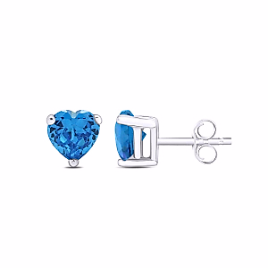 Heart Shape Simulated Blue Topaz Stud Earrings In 14K White Gold Over Sterling Silver