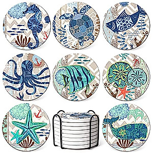 Coaster for Drinks by Teivio, Absorbing Stone Sea Ocean Life Paint- Cork Base, with Holder, Coastal Decor Beach Themed Tropical , for Housewarming Bar Decor, Set of 8