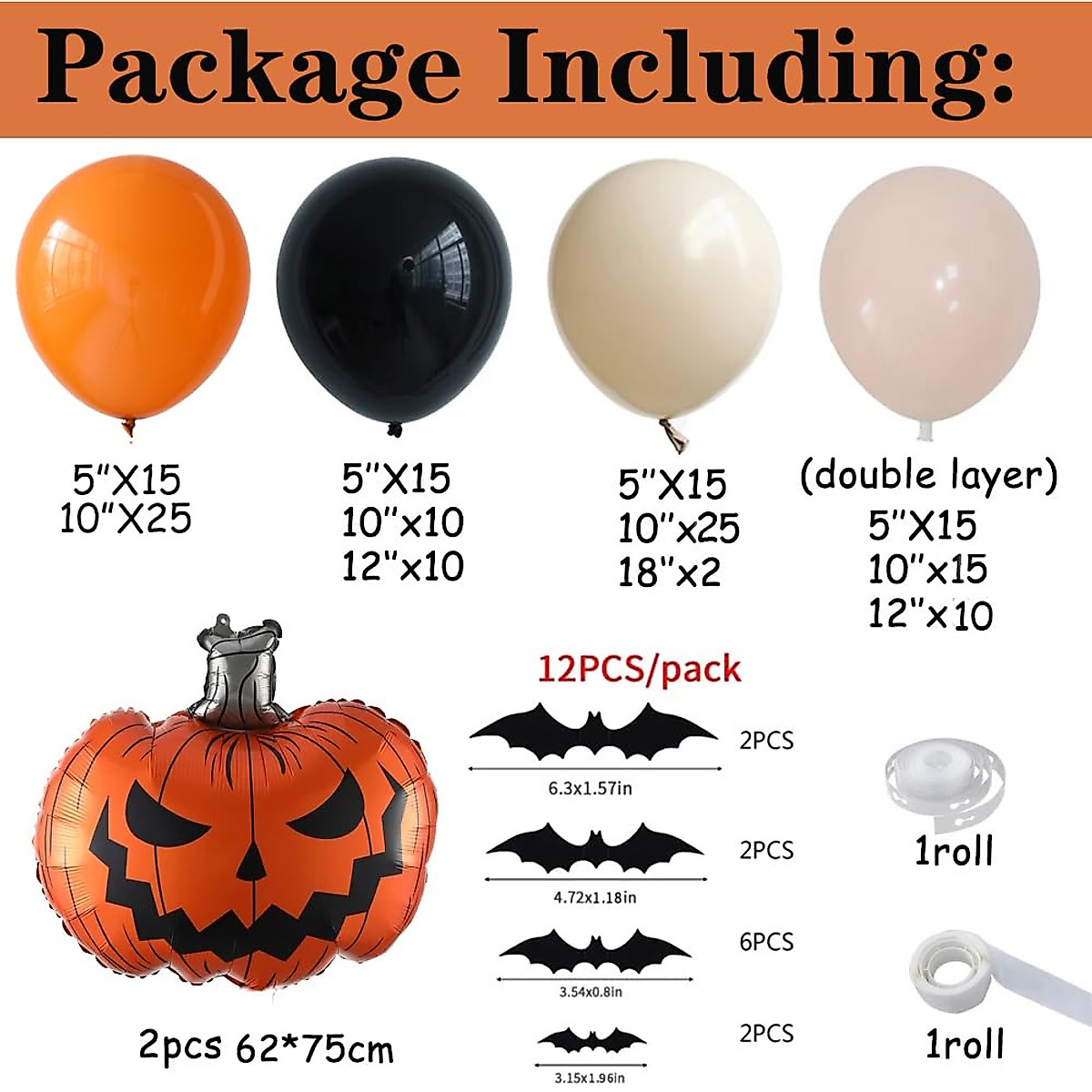 Halloween Balloon Arch Garland Kit 168pcs Large Pumpkin Orange Black White Sand Balloons 3D Bat Stickers for Halloween Party Decorations