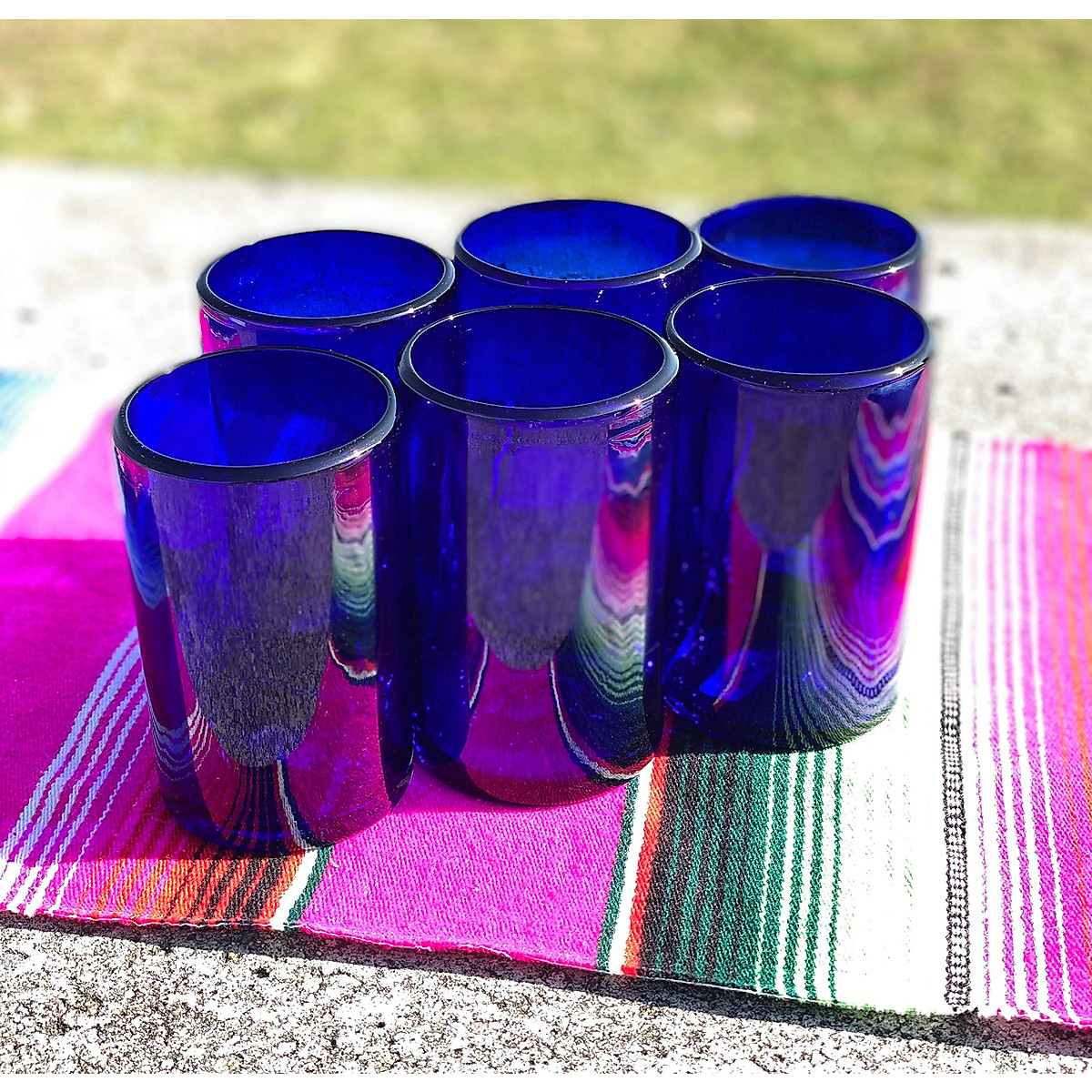 Hand Blown Mexican Drinking Glasses – Set of 6 Cobalt Water Glasses (14 oz each)