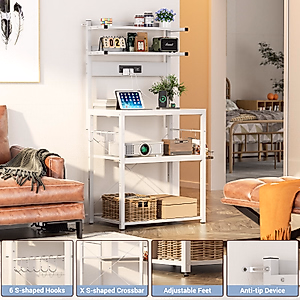 Aheaplus Bakers Rack with Power Outlet, Microwave Stand, 5 Tiers Coffee Bar Station with Led Lights, Kitchen Storage Shelf with 6 S-Shaped Hooks, Kitchen Rack for Spices, Pots and Pans, White