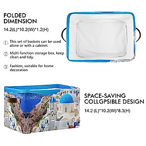 Oyihfvs Oia Town on Santorini Island Greece Famous Houses and Churches 1 PC Rectangle Storage Basket Collapsible Fabric with Leather Handles Bag Organizer Clothes for Home Bedroom 15 x 11 x 9.5 in