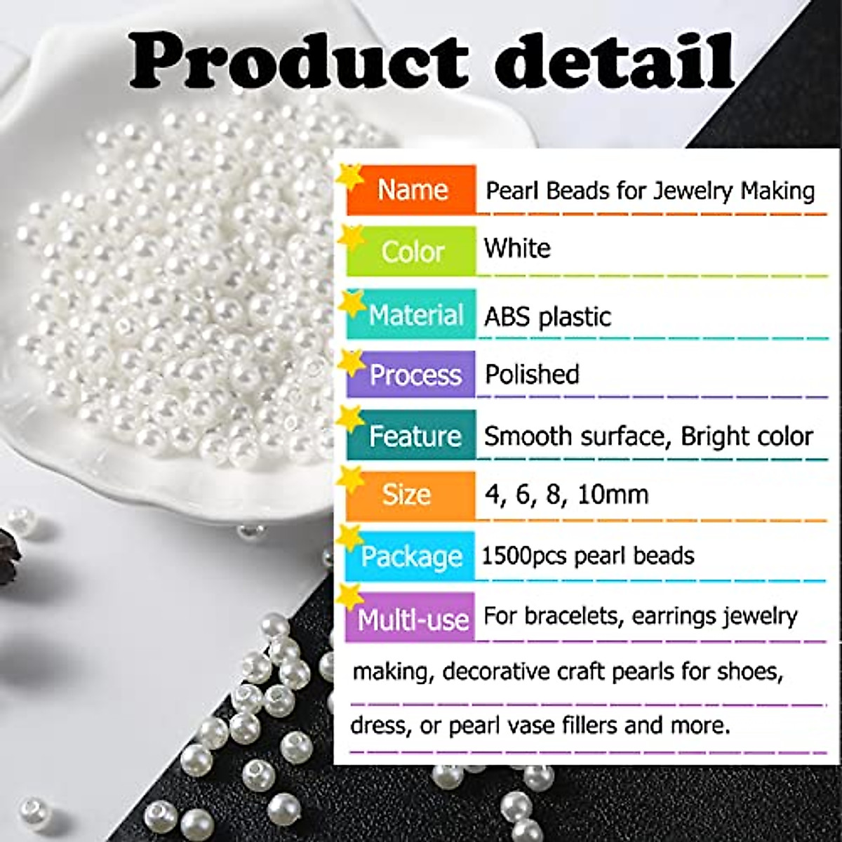 HILELIFE 1500pcs Pearl Beads for Jewelry Making, 4mm 6mm 8mm 10mm Round Loose Pearls Beads with Hole, Bracelet Pearls for Crafts, White Pearls for Jewelry Making