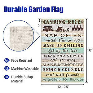 Swooflia Camping Rules Garden Flag Camper Small Yard Flag for Outside Decor Burlap Rustic Garden Banner 12x18 Inch Double Sided