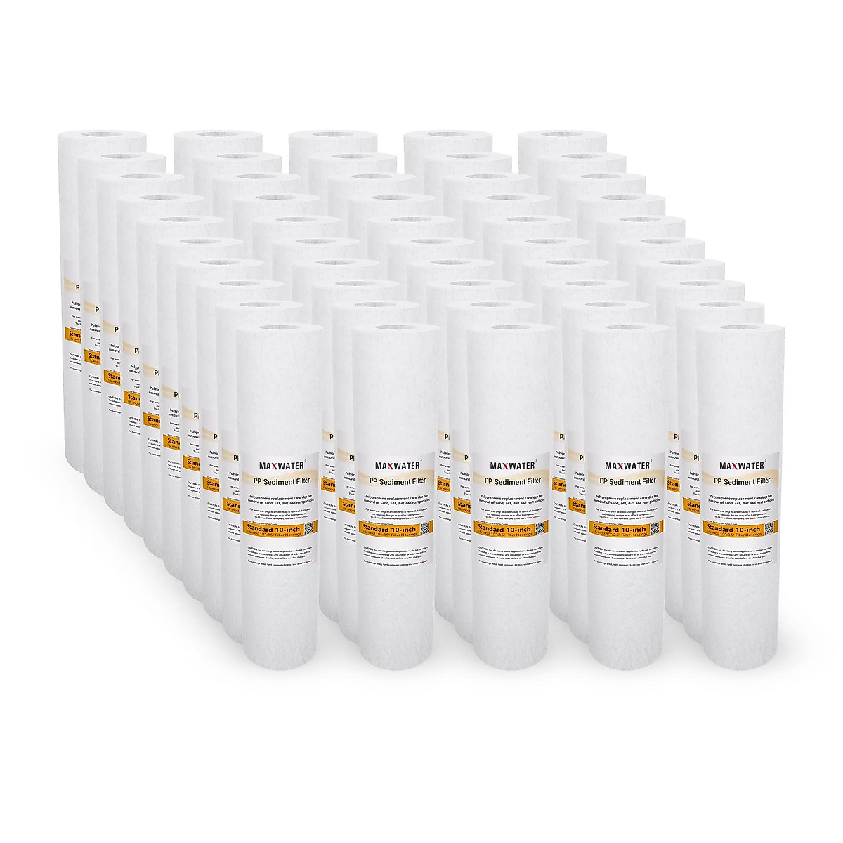 Max Water 10 inch x 2.5 inch, 5 Micron Replacement Sediment Water Filter Cartridge for Whole House, Melt Blown Filtration Fiber for Heavy Duty (Pack of 50)