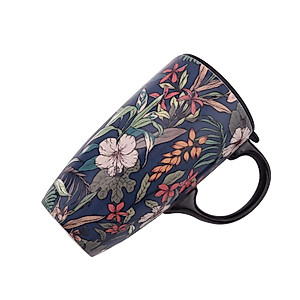 DUSVALLY Ceramic Coffee Mug Gift for Home & Office, 17oz. Porcelain Latte Travel Cup with Lid and Color Box, Blue Flower Art Tea Mug with Handle, 6.5" H
