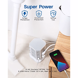 Surge Protector Power Strip Tower 16.4 FT + 6.5 FT, [1500 Joules] 12 Widely Spaced AC Outlets with 6 USB Ports Charging Station White