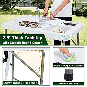 Avocahom Folding Fish Cleaning Table Portable Camping Sink Table w/Dual Water Basins, Faucet Drainage Hose & Sprayer Outdoor Fish Fillet Cleaning Station w/Knife