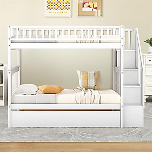 TURRIDU Twin Over Twin Bunk Bed with Twin Trundle & Staircases, Wood Bunk Bed Frame with Safety Rails for 3 Teens Adults, Convertible into 2 Platform Beds, White