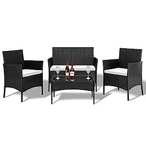 Outvita 4 Pieces Patio Furniture Set, Rattan Conversation Sets with Loveseat Soft Cushion and Glass Table for Garden Backyard Balcony Porch Poolside(Black)