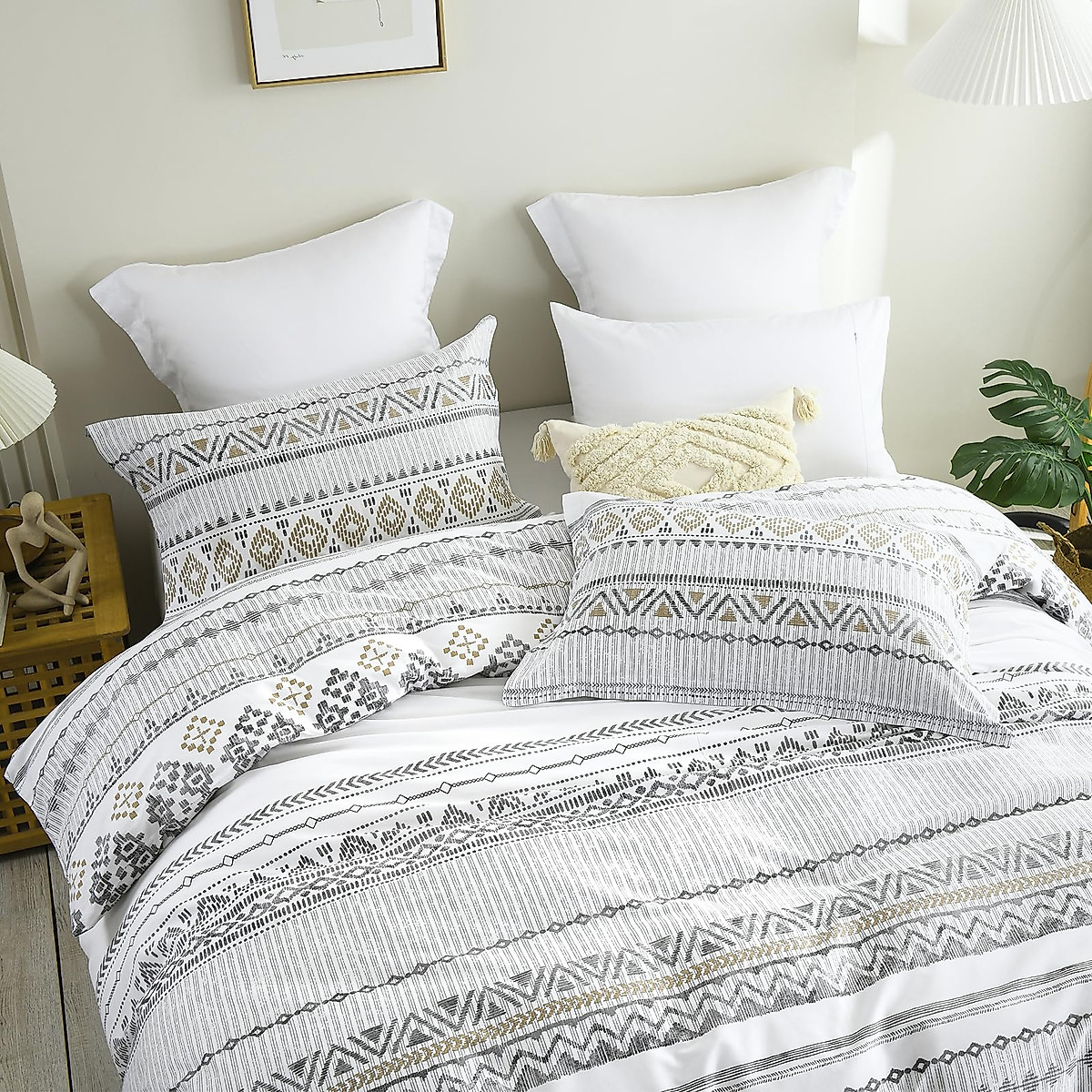 Y-PLWOMEN Duvet Cover Queen - 100% Cotton Duvet Cover Queen Size, 3 Pieces Aztec Geometric Duvet Cover Set, Soft and Breathable Bedding Duvet Covers for All Season, 90"x90", No Comforter