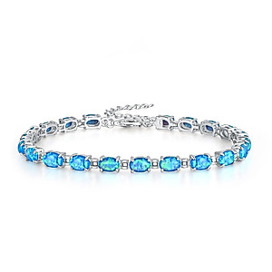 CiNily Blue Fire Opal Tennis Bracelet for Women 14K White Gold Plated Adjustable Oval Shape Gemstone Bracelet Opal Jewelry