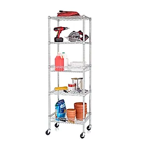 HSS 5 Tier Wire Shelving Tower Rack with 3" Casters, 18" Dx24 Wx75 H Chrome, Total Capacity 500 lbs