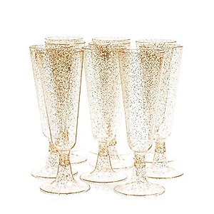 MATANA 50 Gold Glitter Plastic Champagne Flutes 5oz Clear Plastic Toasting Glasses, Mimosa Glasses, Cocktail Cups, Champagne Glasses - Wedding Anniversary Garden Barbecue Parties, Reusable, Recyclable