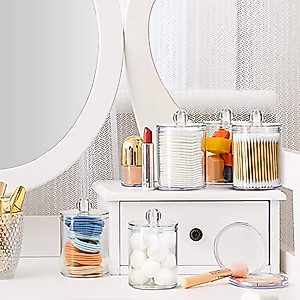 8 Pack Qtip Holder Dispenser with Lids & Labels, Cotton Ball, Cotton Swab, Cotton Round Pads, Floss Storage Canister - Clear Plastic Apothecary Jar for Bathroom Vanity Makeup Organizer (12oz & 10oz)