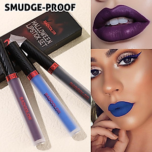 BADCOLOR 3 Colors Matte Liquid Lipstick Set, 24-Hour Smudge Proof Permanent Dark Lipstick Waterproof Velvet Nonstick Cup Stain Lip Gloss Set, Halloween Makeup Lip Gloss Gift - Purple, Black, Blue