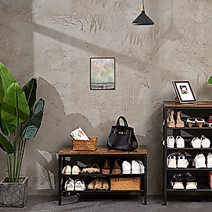 HOOBRO Shoe Rack and Shoe Bench Bundles, 5-Tier Shoe Storage Unit Flat and Slant Adjustable Shoe Organizer Shelf, Industrial Shoe Storage Bench, for Entryway, Living Room, Hallway