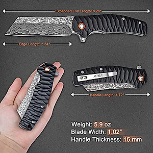 AUBEY EDC Damascus Pocket Knife, 3.34 inch Damascus Steel Hollow Grind Blade, Folding Knife with Liner Lock, Ball Bearing, Aluminum Non-Slip Handle, Damascus Knife for Outdoor Camping Hunting (Black)