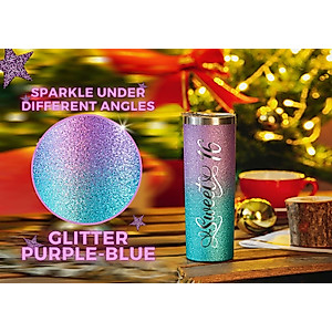 Onebttl Sweet 16 Gifts for Girls, Her, Daughter- Sweet Sixteen - 20oz/590ml Stainless Steel Insulated Glitter Tumbler with Straw, Lid, Message Card - (Purple-Blue Gradient)