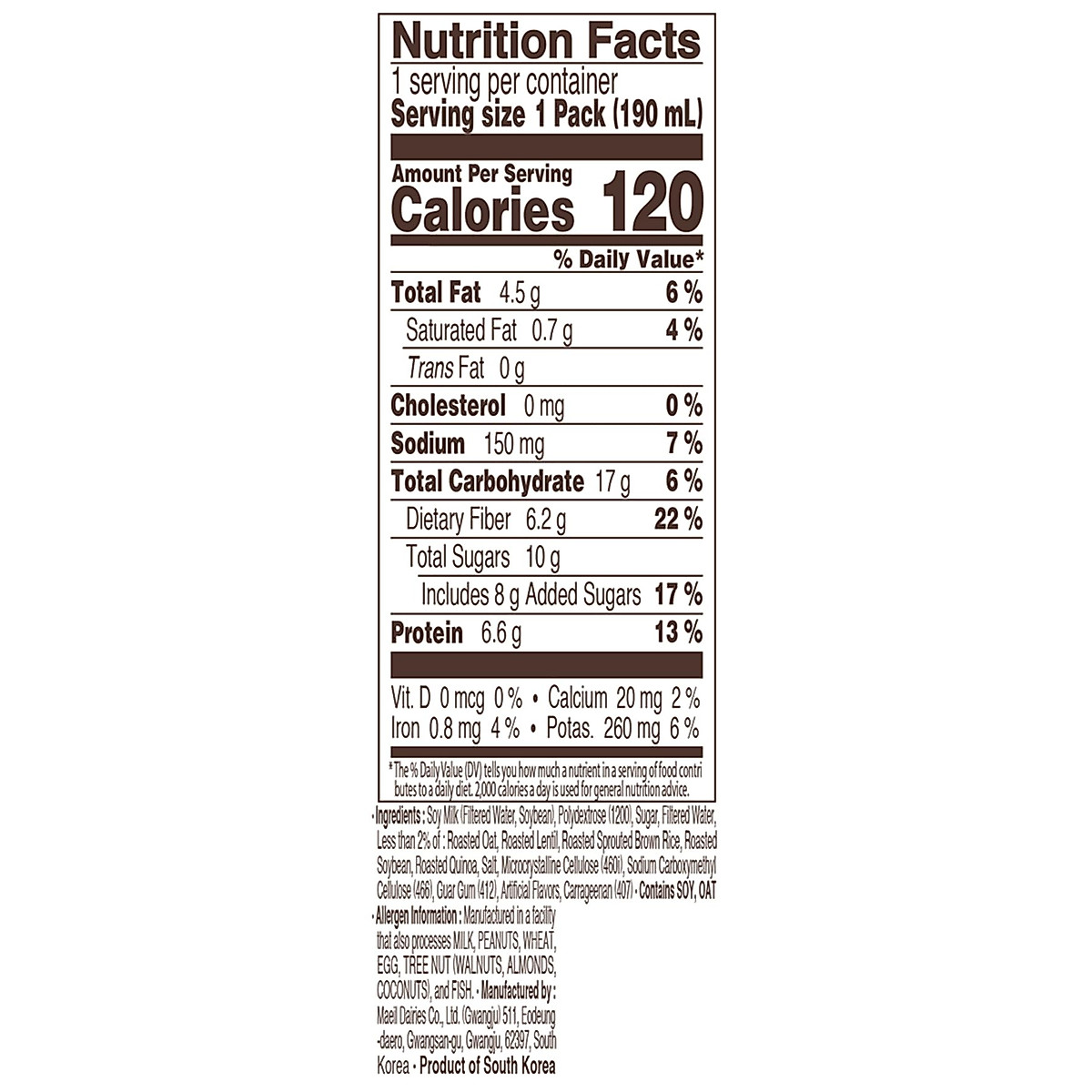 Maeil Soy Milk Original | 6.4FL OZ (190mL) / Unit | 6.6g Plant-Based Protein | 6.2 Dietary Fiber| Dairy Free | 5 Grain | Grab-N-Go | Made in Korea (Original, Pack of 12)