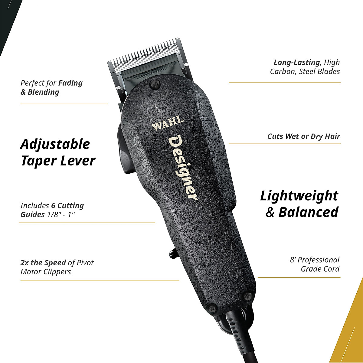 Wahl Professional Designer Corded Clipper Vibratory Motor Adjustable Taper Lever Cuts Wet or Dry