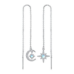Threader Earrings for Women 925 Sterling Silver Moonstone Moon Star Earrings Tassel Threader Chain Earrings