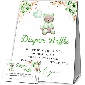 JCVUK Baby Shower Games, 1 Diaper Raffle Standing Sign with 50 Diaper Raffle Tickets,Green Bear Theme Babyshower Party Decorations and Supplies For Boys or Girls(LBLK-B03)