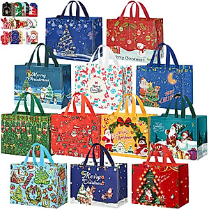 WLUSEAXI 12 Pack Large Christmas Gift Bags with 24 Christmas Gift Tags,Reusable Christmas Tote Bags with Handles,12.6"x9.8"x6.7" Christmas Bags for Gifts Wrapping for Xmas Holiday Party Favor