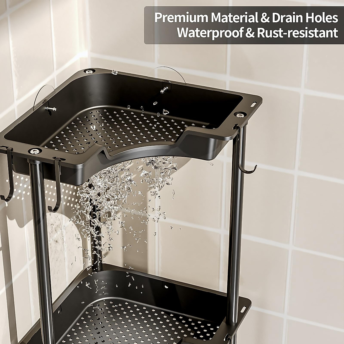 SWTYMIKI Corner Shower Caddy Standing - 3 Tier Rust Proof Floor Standing Shower Organizer with 4 Hooks, Waterproof Corner Stand Shower Shelf Storage Rack for Bathroom, Bathtub, Black