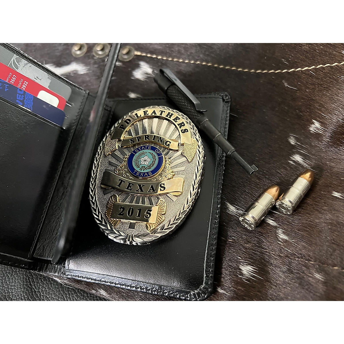 Police Badge Wallet, All Leather, Fits Any Shape Badge with a Pin Back- Black