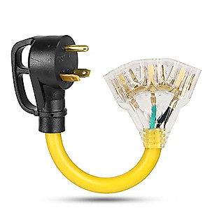 1.5FT NEMA TT-30P Male to 3X 5-15R/5-20R T-Blade Female with LED Power Indicator, HDWS 30 Amp to 110V RV Generator Power Cord Adapter, 3 Prong 30 Amp to 15-20 Amp, 10 AWG, for RV Generators