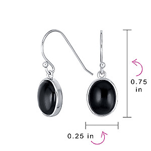 Classic Elegant Black Onyx Bezel Set Oval Cabochon Gemstone Drop Earrings For Women .925 Sterling Silver Wire Fish Hook