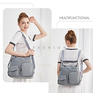 Multipurpose Hobo Purse for Women with Antitheft RFID, Waterproof Nylon Crossbody Bag Shoulder Handbag, Convertible Backpack (Grey)