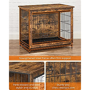 FEANDREA Dog Crate Furniture, Side End Table, Modern Kennel for Dogs Indoor up to 30 lb, Heavy-Duty Dog Cage with Multi-Purpose Removable Tray, Double-Door Dog House, Rustic Brown UPFC001X01