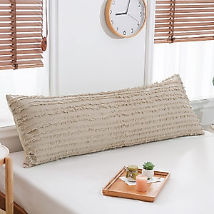 Herside Beige Body Pillow Cover Tufted Boho Body Pillow Pillowcases 20x54 Inches Long Pillow for Bed Decorative Pillow Case Stripes Tassel Jacquard Beige Pillowcase 1 Piece(Beige,Body)