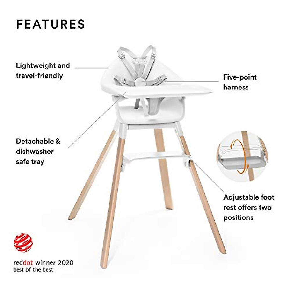 Stokke Clikk High Chair, White - All-in-One High Chair with Tray + Harness - Light, Durable & Travel Friendly - Ergonomic with Adjustable Features - Best for 6-36 Months or Up to 33 lbs