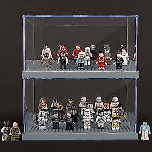 2 Pack Display Case for Minifigure Action Figures Blocks, Acrylic Minifigure Display Case Box Storage with 3 Movable Steps Gift for Kids Adults (Grey)