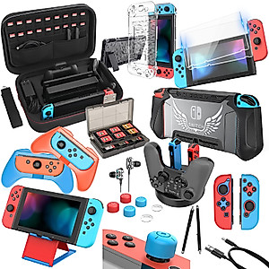 HEYSTOP Accessory Switch Pack: Pouch for Nintendo Switch, Protective Switch Case, Steering Wheel and Grip Cover, Tempered Glass, Thumb Grip, Card Box, Type C & More Cable, Red & Blue