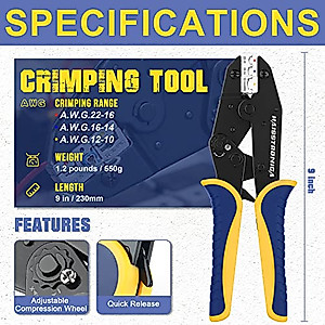 haisstronica Crimping Tool for Insulated Electrical Wire Connectors-AWG 22-10 Ratchet Crimper Tools-Racheting Wire Crimping Tools-Available for Insulated Connectors and Wire Terminal HS-9327