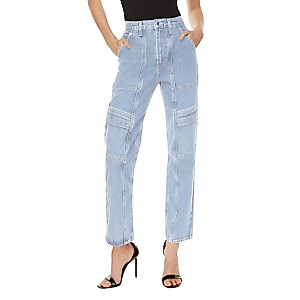 PLNOTME Women's High Waisted Jeans Straight Leg Cargo Trendy Denim Pants with Pockets Light Blue