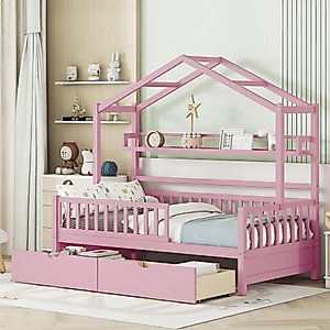 Merax Twin Bed Frames with 2 Drawers Storage Shelf Guardrail, Wooden House Shaped Platform Bed for Kids, No Box Spring Needed