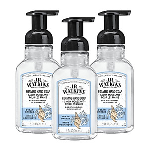 J.R. Watkins Foaming Hand Soap with Pump Dispenser, Moisturizing Foam Hand Wash, All Natural, Alcohol-Free, Cruelty-Free, USA Made, Ocean Breeze, 9 fl oz, 3 Pack