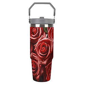 Many Red Roses Tumbler 30oz Large Capacity Car Cup with Handle Fit in Any Car Cup Holder Stainless Steel Leakproof Insulated Coffee Tumblers with Lid And Straw