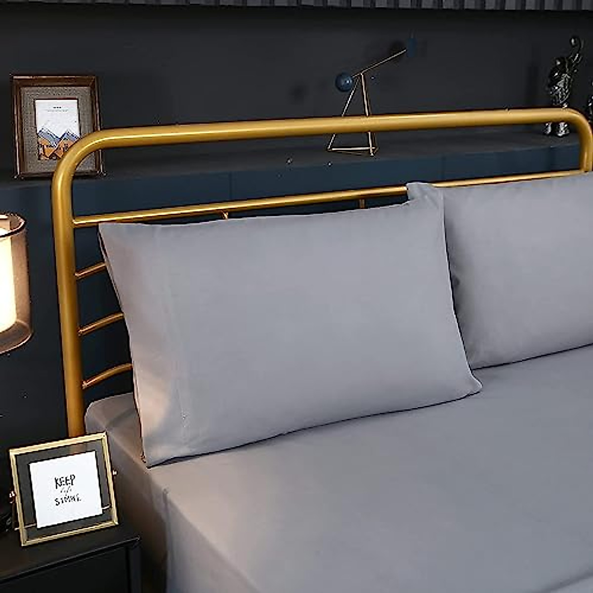 SDY 4PCS Grey Bed Sheets Set Queen Size, Hotel Style Luxury Bedding Sheets & Pillowcases Including 1 Top Flat Sheet+1 Fitted Sheet+2 Pillowcases, Wrinkle Fade Stain Resistant（Grey,14‘’）…