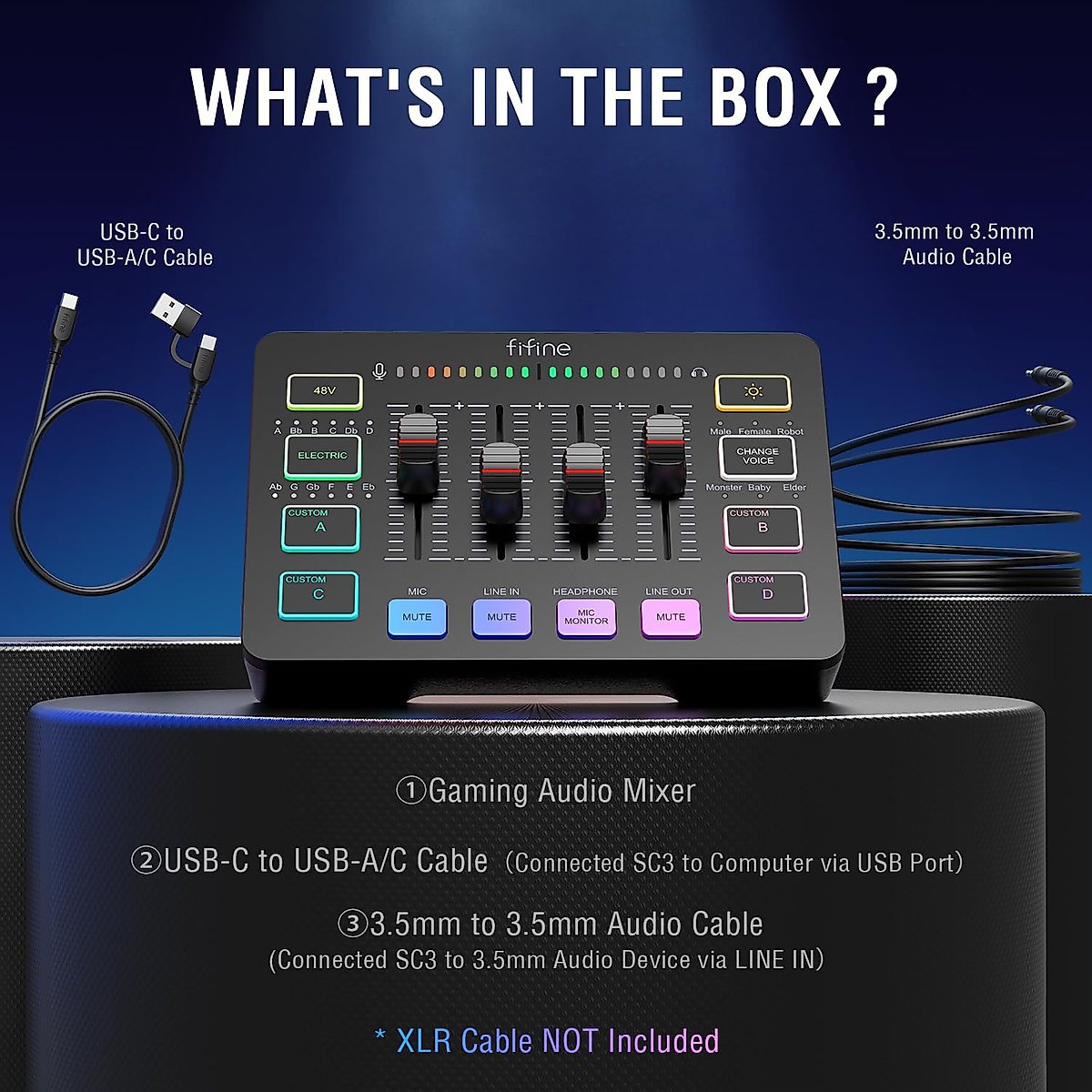 FIFINE Gaming Audio Mixer, Streaming RGB PC Mixer with XLR Microphone Interface, Individual Control, Volume Fader, Mute Button, 48V Phantom Power, for Podcast/Recording/Vocal/Game Voice-AmpliGame SC3