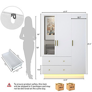 jiteentarou 3 Door Wardrobe Closet with Mirror & LED Lights, Bedroom Armoire with Drawers & Shelves, Modern Wooden Armoire Wardrobe Closet with Hanging Rod for Bedroom, White