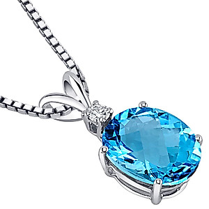 PEORA 14K White Gold Swiss Blue Topaz and Diamond Pendant for Women, Genuine Gemstone Birthstone Solitaire, 3 Carats total Oval Shape 10x8mm